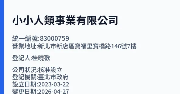 小小人類事業有限公司的照片-統編 83000759(新北市) 公司登記資料與營業項目詳細圖表