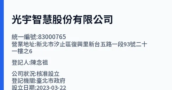 光宇智慧股份有限公司的照片-統編 83000765(新北市) 公司登記資料與營業項目詳細圖表