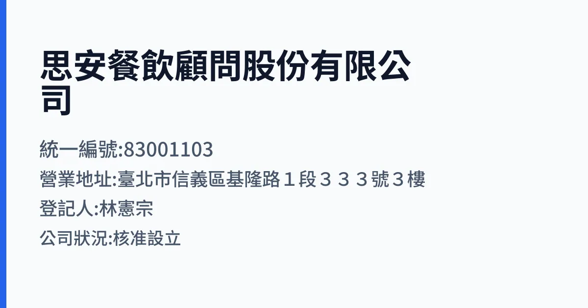 思安餐飲顧問股份有限公司 - 統編 83001103(臺北市) 公司登記資料與營業項目詳細圖表