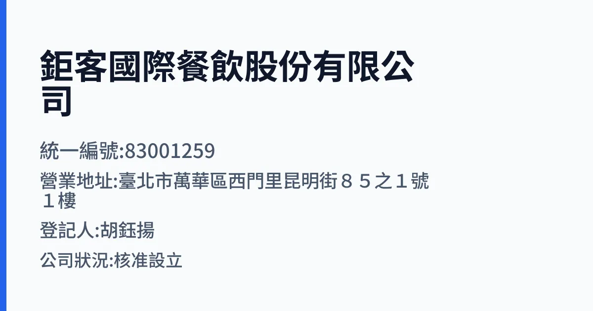 鉅客國際餐飲股份有限公司 - 統編 83001259(臺北市) 公司登記資料與營業項目詳細圖表