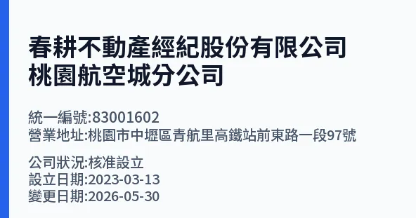 春耕不動產經紀股份有限公司桃園航空城分公司的照片-統編 83001602(桃園市) 公司登記資料與營業項目詳細圖表