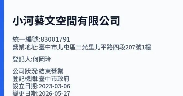 小河藝文空間有限公司的照片-統編 83001791(臺中市) 公司登記資料與營業項目詳細圖表