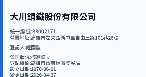 大川鋼鐵股份有限公司的照片-統編 83002171(高雄市) 公司登記資料與營業項目詳細圖表