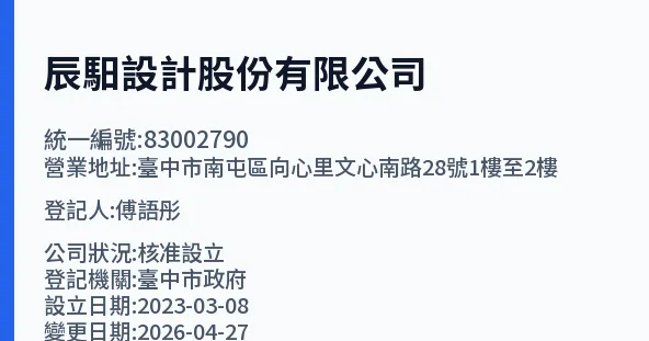 辰馹設計股份有限公司的照片-統編 83002790(臺中市) 公司登記資料與營業項目詳細圖表