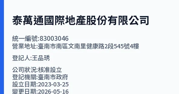 泰萬通國際地產股份有限公司的照片-統編 83003046(臺南市) 公司登記資料與營業項目詳細圖表
