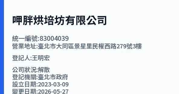 呷胖烘培坊有限公司的照片-統編 83004039(臺北市) 公司登記資料與營業項目詳細圖表