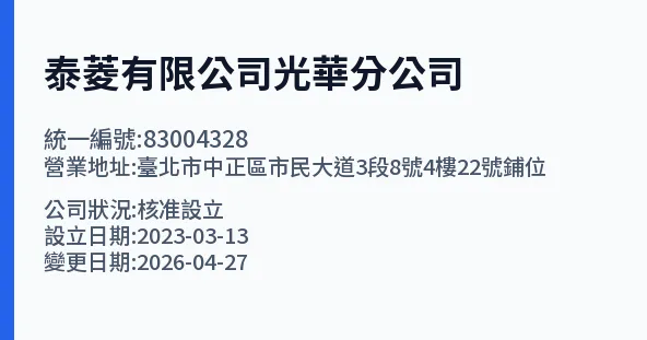泰菱有限公司光華分公司的照片-統編 83004328(臺北市) 公司登記資料與營業項目詳細圖表
