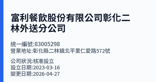 富利餐飲股份有限公司彰化二林外送分公司的照片-統編 83005298(彰化縣) 公司登記資料與營業項目詳細圖表