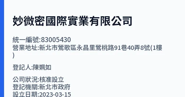 妙微密國際實業有限公司的照片-統編 83005430(新北市) 公司登記資料與營業項目詳細圖表