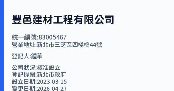 豐邑建材工程有限公司的照片-統編 83005467(新北市) 公司登記資料與營業項目詳細圖表