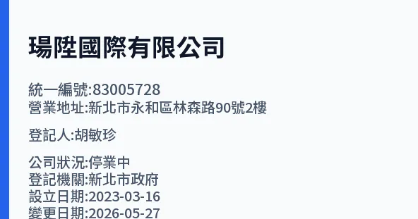 瑒陞國際有限公司的照片-統編 83005728(新北市) 公司登記資料與營業項目詳細圖表