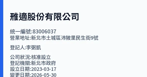 雃適股份有限公司的照片-統編 83006037(新北市) 公司登記資料與營業項目詳細圖表
