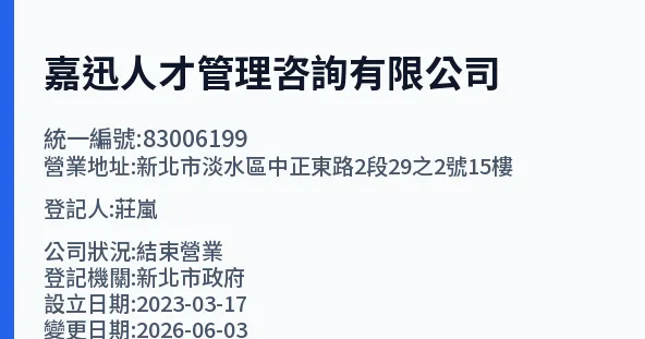 嘉迅人才管理咨詢有限公司的照片-統編 83006199(新北市) 公司登記資料與營業項目詳細圖表