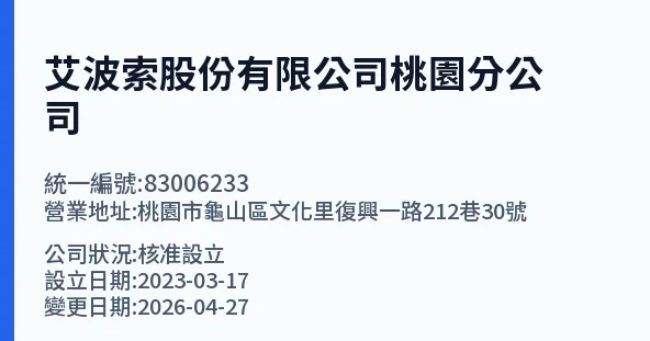 艾波索股份有限公司桃園分公司的照片-統編 83006233(桃園市) 公司登記資料與營業項目詳細圖表