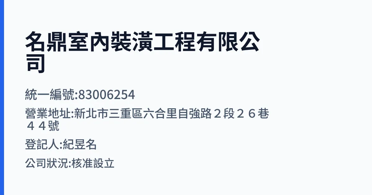 名鼎室內裝潢工程有限公司 - 統編 83006254(新北市) 公司登記資料與營業項目詳細圖表
