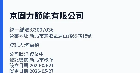 京固力節能有限公司的照片-統編 83007036(新北市) 公司登記資料與營業項目詳細圖表