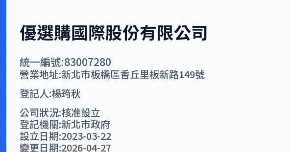 優選購國際股份有限公司的照片-統編 83007280(新北市) 公司登記資料與營業項目詳細圖表
