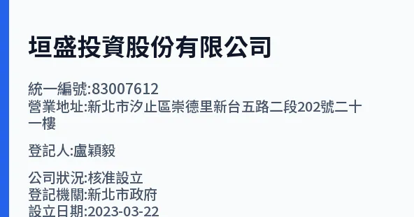 垣盛投資股份有限公司的照片-統編 83007612(新北市) 公司登記資料與營業項目詳細圖表
