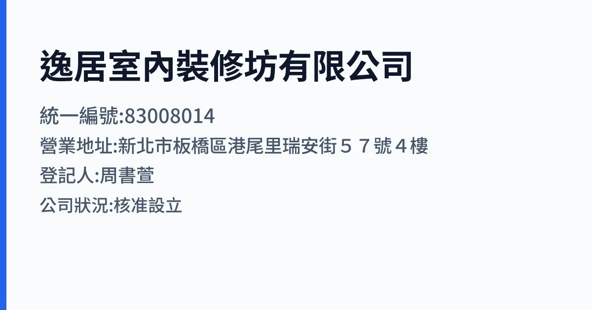 逸居室內裝修坊有限公司 - 統編 83008014(新北市) 公司登記資料與營業項目詳細圖表