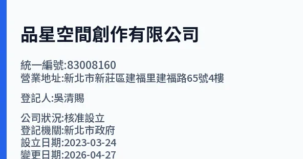 品星空間創作有限公司的照片-統編 83008160(新北市) 公司登記資料與營業項目詳細圖表