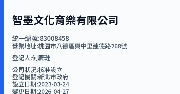 智墨文化育樂有限公司的照片-統編 83008458(桃園市) 公司登記資料與營業項目詳細圖表