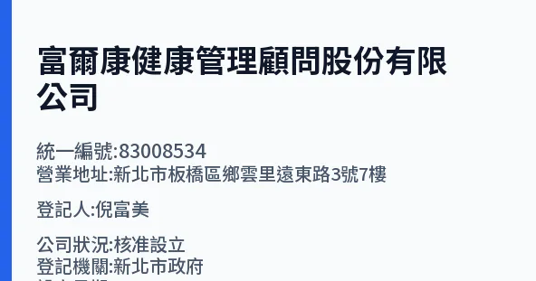富爾康健康管理顧問股份有限公司的照片-統編 83008534(新北市) 公司登記資料與營業項目詳細圖表