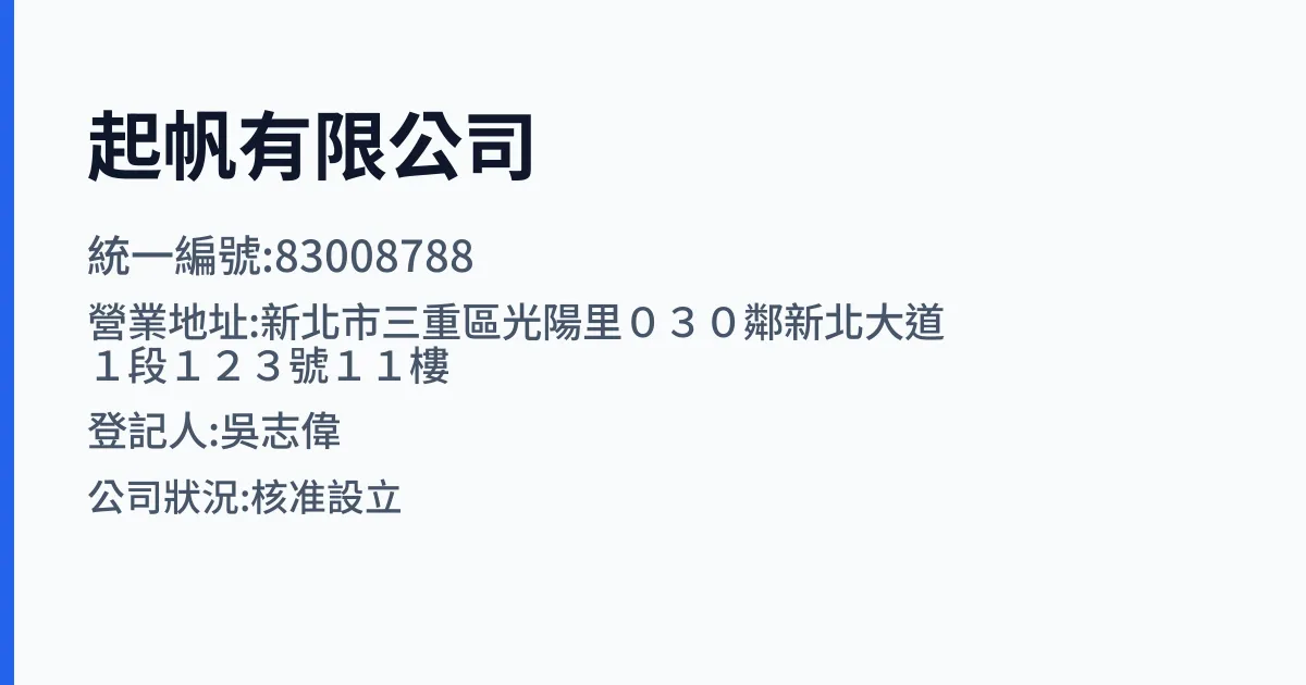 起帆有限公司 - 統編 83008788(新北市) 公司登記資料與營業項目詳細圖表