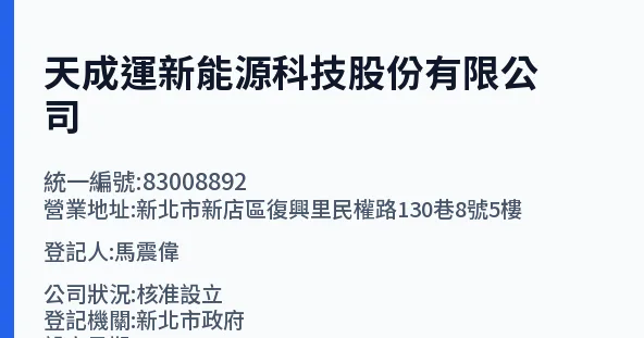 天成運新能源科技股份有限公司的照片-統編 83008892(新北市) 公司登記資料與營業項目詳細圖表
