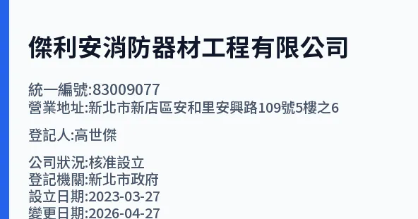 傑利安消防器材工程有限公司的照片-統編 83009077(新北市) 公司登記資料與營業項目詳細圖表
