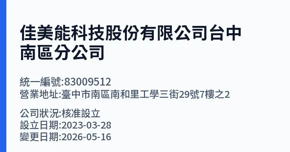佳美能科技股份有限公司台中南區分公司的照片-統編 83009512(臺中市) 公司登記資料與營業項目詳細圖表