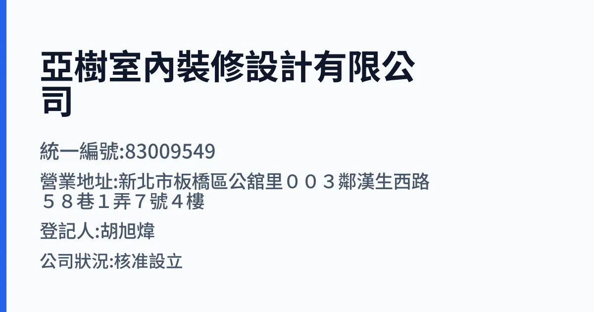 亞樹室內裝修設計有限公司 - 統編 83009549(新北市) 公司登記資料與營業項目詳細圖表