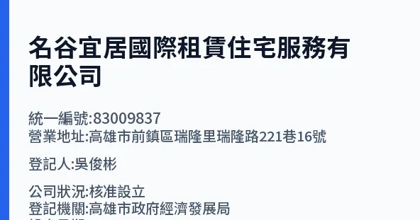 名谷宜居國際租賃住宅服務有限公司的照片-統編 83009837(高雄市) 公司登記資料與營業項目詳細圖表