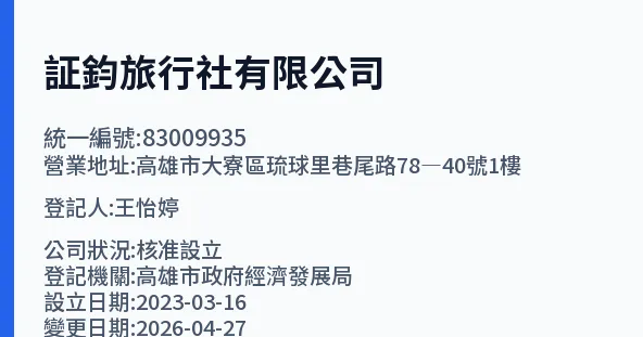 証鈞旅行社有限公司的照片-統編 83009935(高雄市) 公司登記資料與營業項目詳細圖表