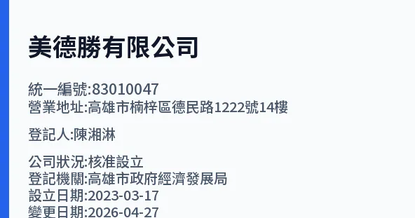 美德勝有限公司的照片-統編 83010047(高雄市) 公司登記資料與營業項目詳細圖表