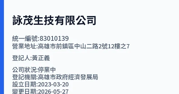 詠茂生技有限公司的照片-統編 83010139(高雄市) 公司登記資料與營業項目詳細圖表