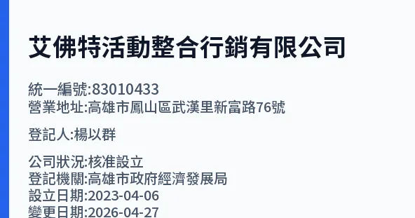 艾佛特活動整合行銷有限公司的照片-統編 83010433(高雄市) 公司登記資料與營業項目詳細圖表