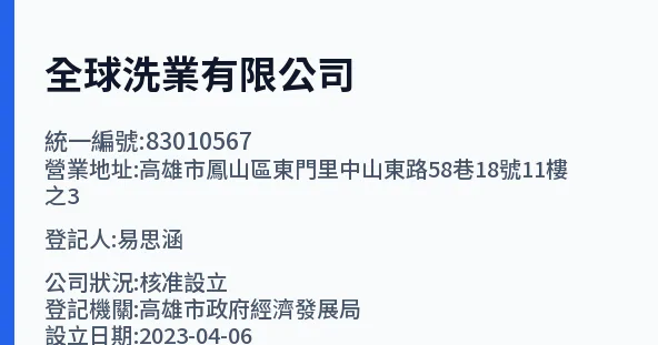 全球洗業有限公司的照片-統編 83010567(高雄市) 公司登記資料與營業項目詳細圖表