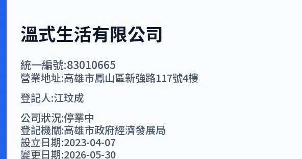 溫式生活有限公司的照片-統編 83010665(高雄市) 公司登記資料與營業項目詳細圖表