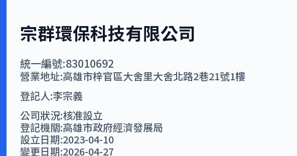 宗群環保科技有限公司的照片-統編 83010692(高雄市) 公司登記資料與營業項目詳細圖表