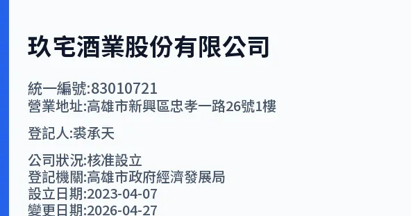 玖宅酒業股份有限公司的照片-統編 83010721(高雄市) 公司登記資料與營業項目詳細圖表