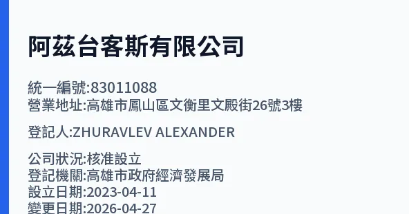 阿茲台客斯有限公司的照片-統編 83011088(高雄市) 公司登記資料與營業項目詳細圖表