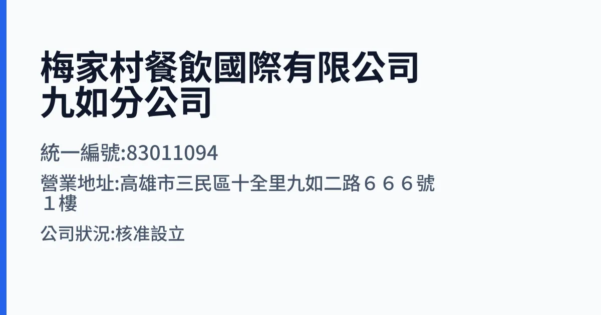 梅家村餐飲國際有限公司九如分公司 - 統編 83011094(高雄市) 公司登記資料與營業項目詳細圖表