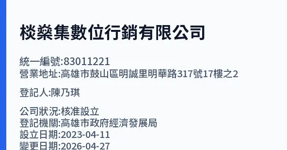 棪燊集數位行銷有限公司的照片-統編 83011221(高雄市) 公司登記資料與營業項目詳細圖表