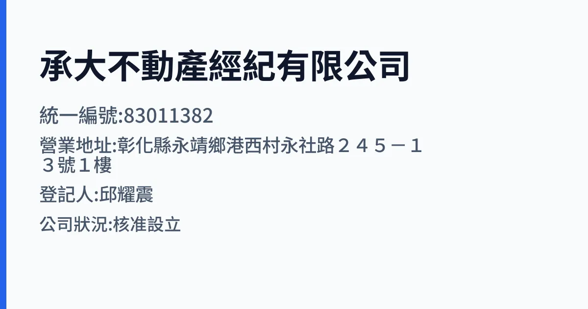 承大不動產經紀有限公司 - 統編 83011382(彰化縣) 公司登記資料與營業項目詳細圖表