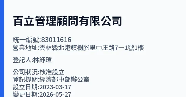 百立管理顧問有限公司的照片-統編 83011616(雲林縣) 公司登記資料與營業項目詳細圖表