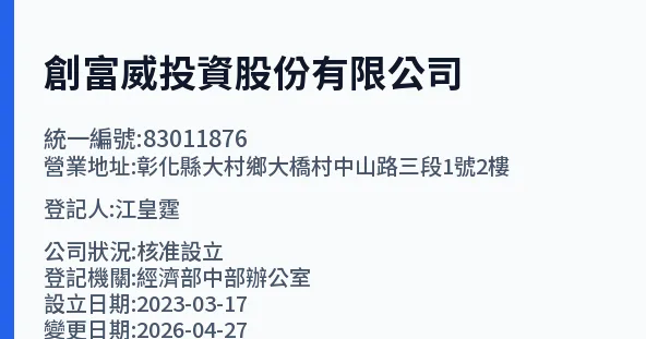 創富威投資股份有限公司的照片-統編 83011876(彰化縣) 公司登記資料與營業項目詳細圖表