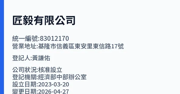 匠毅有限公司的照片-統編 83012170(基隆市) 公司登記資料與營業項目詳細圖表