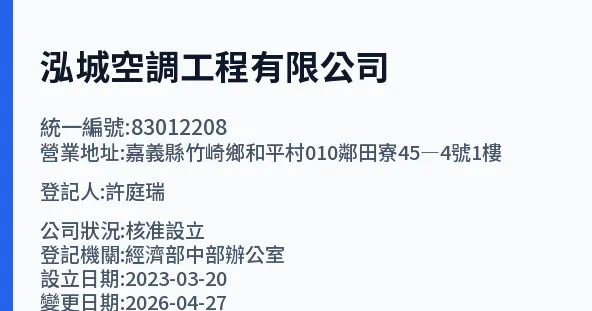 泓城空調工程有限公司的照片-統編 83012208(嘉義縣) 公司登記資料與營業項目詳細圖表