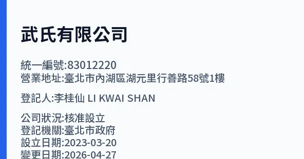 武氏有限公司的照片-統編 83012220(臺北市) 公司登記資料與營業項目詳細圖表