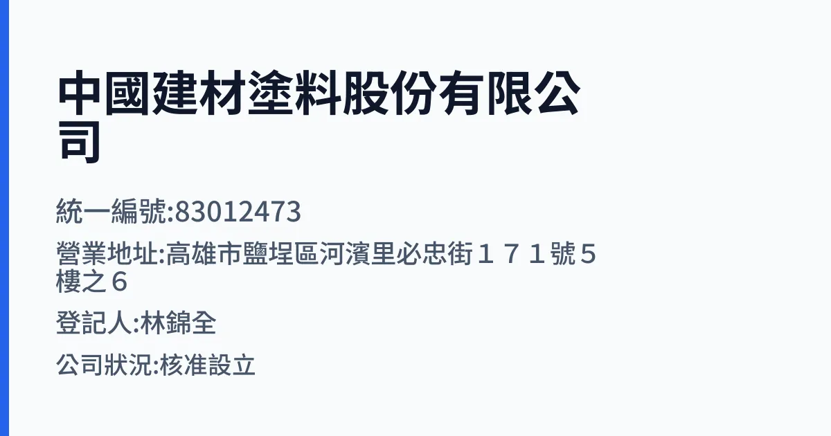 中國建材塗料股份有限公司 - 統編 83012473(高雄市) 公司登記資料與營業項目詳細圖表